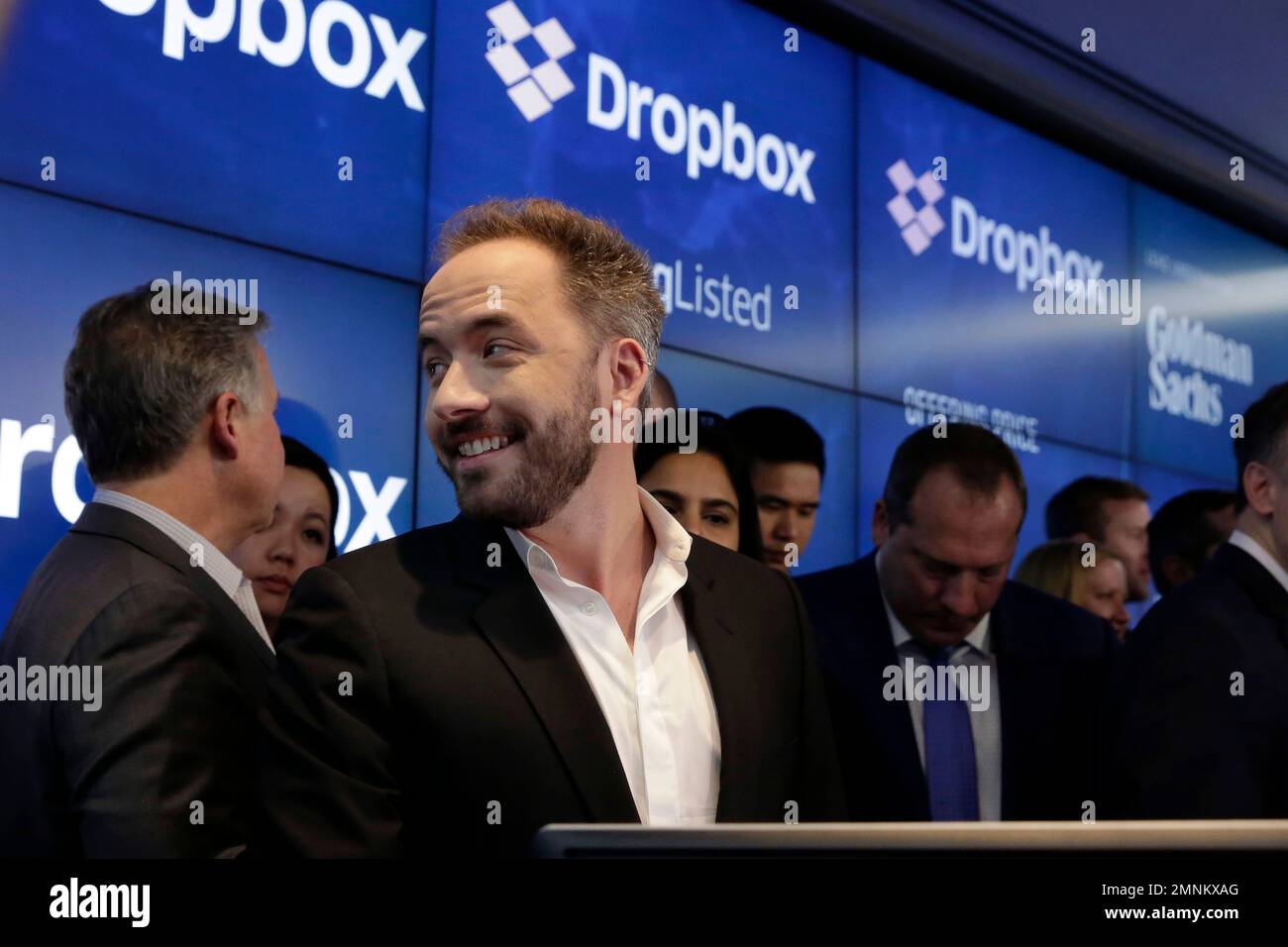 Dropbox co-founder Drew Houston, left, at the Nasdaq MarketSite during ...