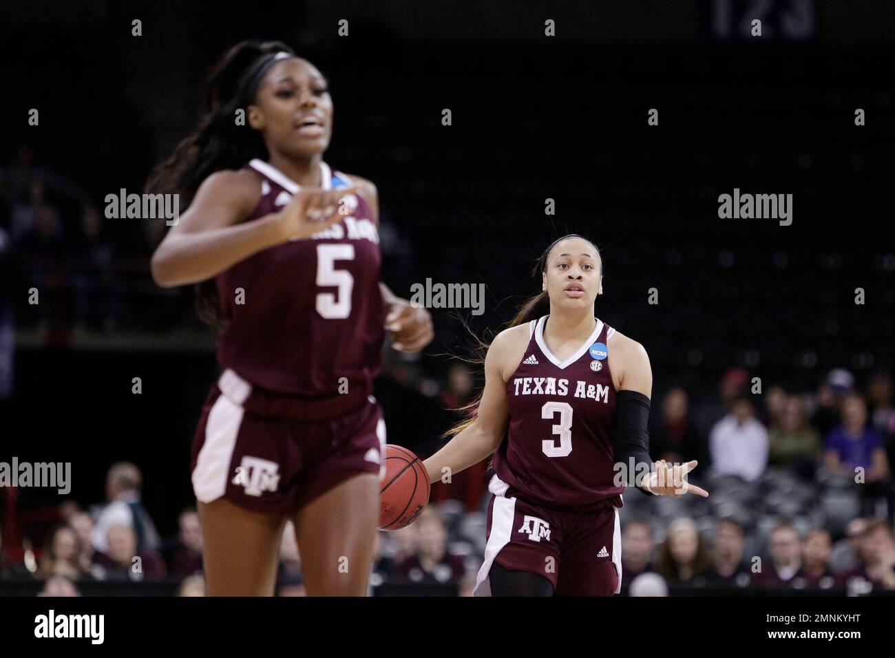 Texas A&M guard Chennedy Carter (3) brings the ball up court as forward ...