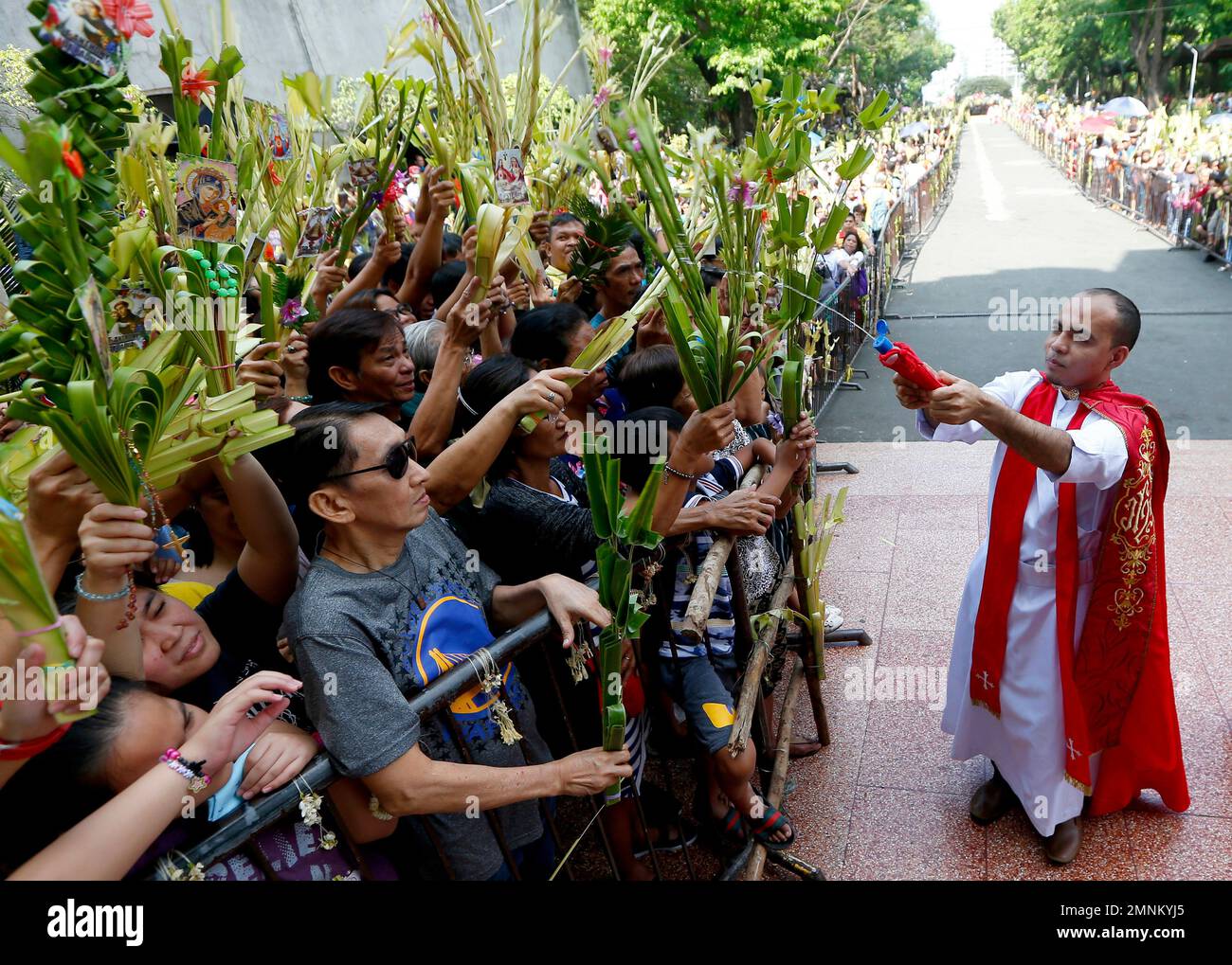 Devotees wave palm fronds as they are blessed by a Roman Catholic ...