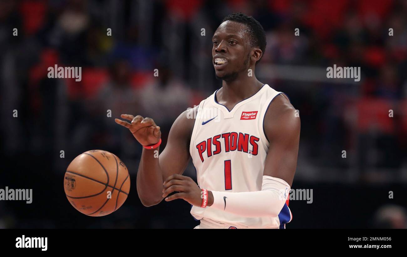 Detroit Pistons guard Reggie Jackson brings the ball up court during ...