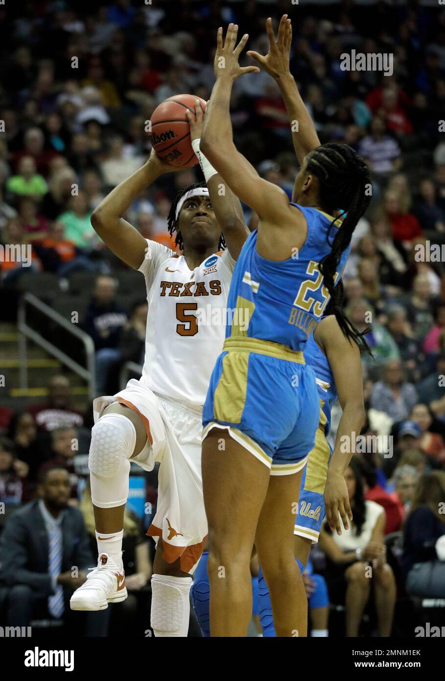 Texas forward Jordan Hosey (5) and UCLA forward Monique Billings (25 ...