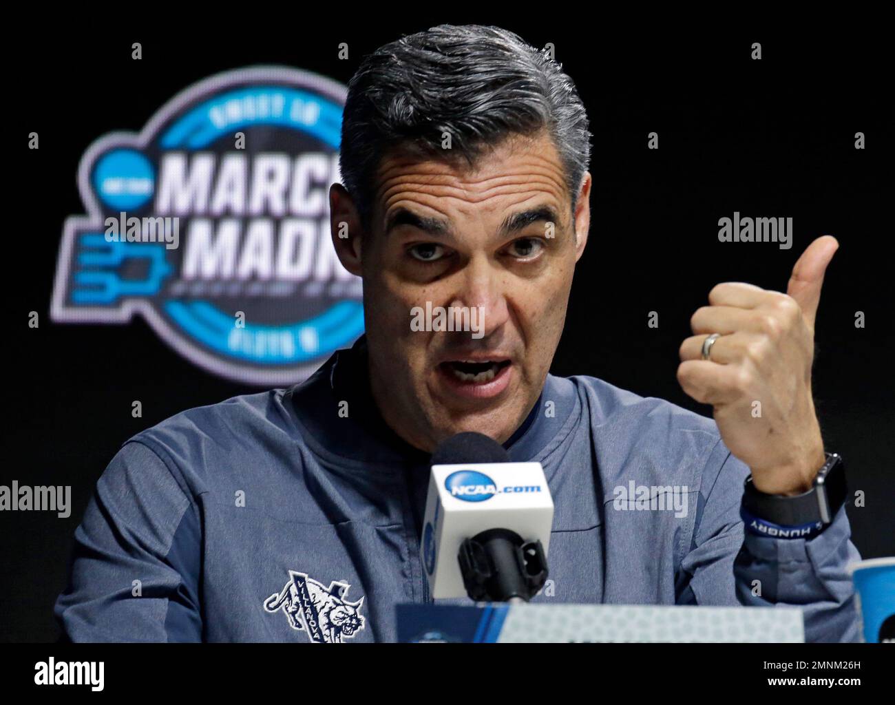 Villanova coach Jay Wright speaks during a news conference at an NCAA ...