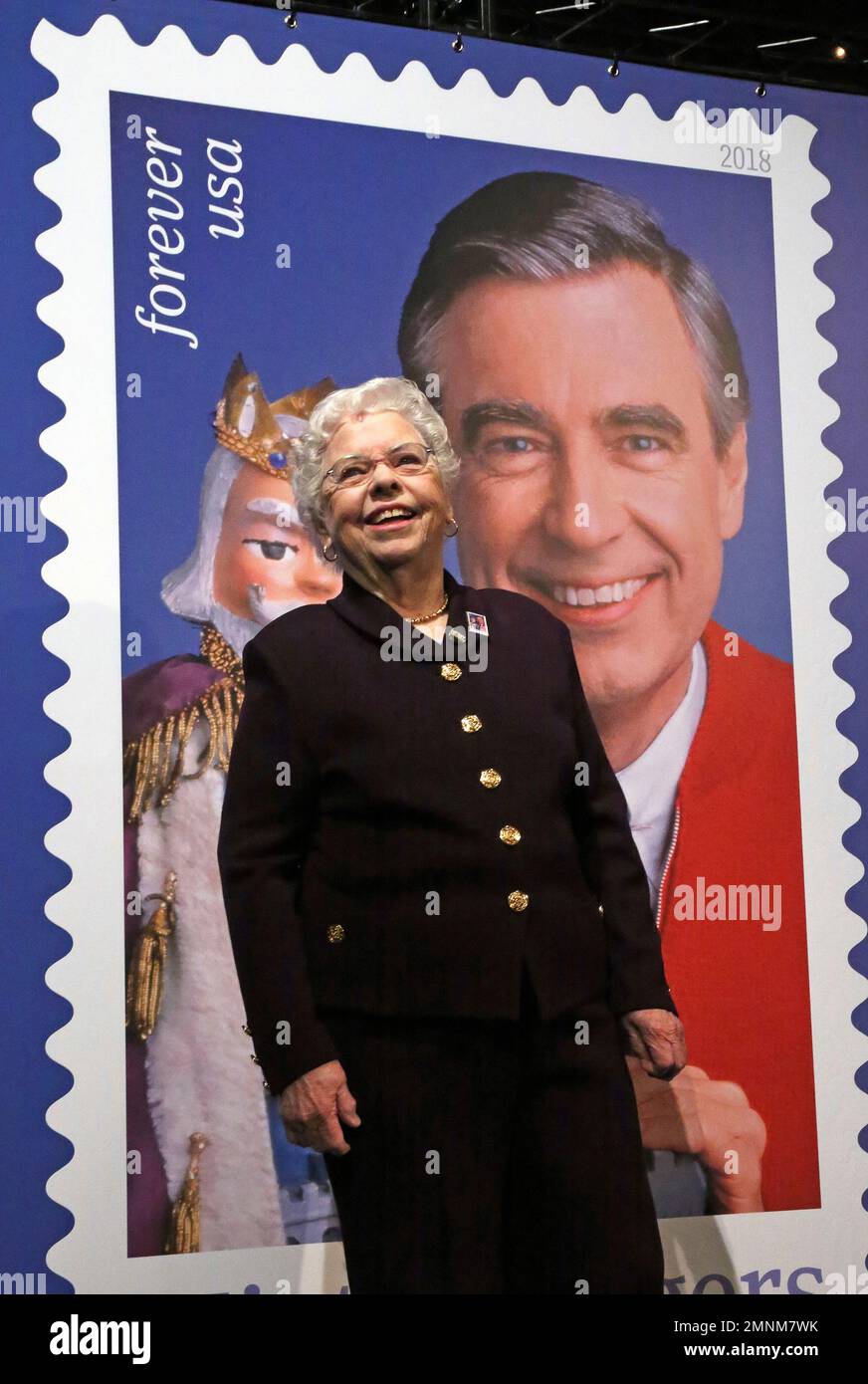 Fred Rogers wife, Joanne Rogers, stands in front of a giant Mister ...