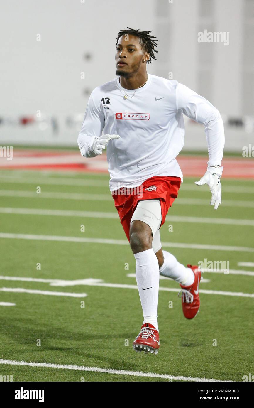 Defensive back Denzel Ward runs a drill during Ohio State's NFL Pro Day ...