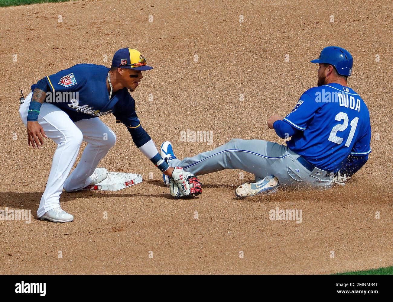 Milwaukee Brewers' Orlando Arcia tags out Kansas City Royals' Lucas ...