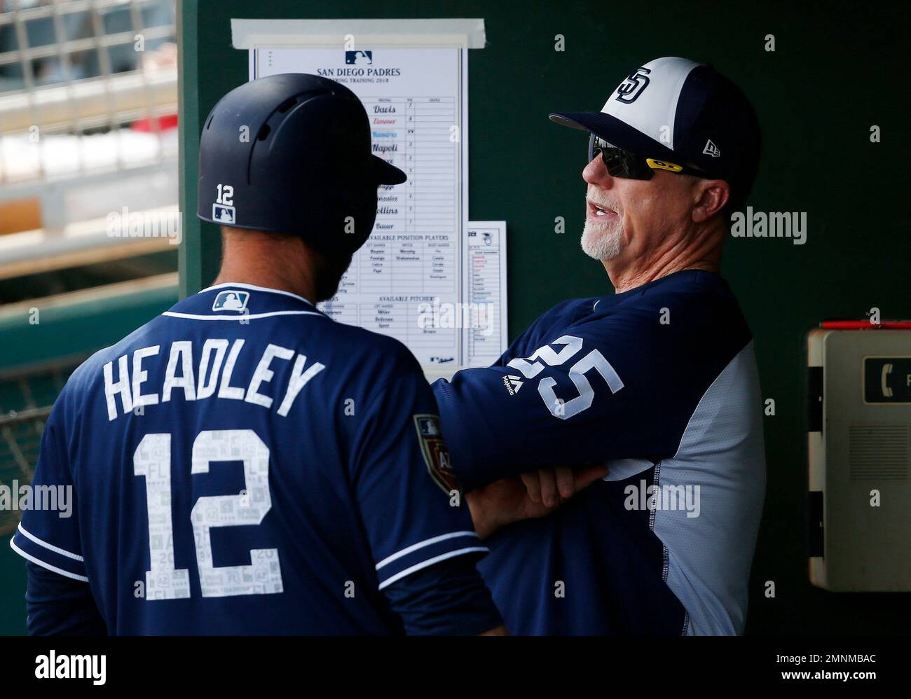San Diego Padres first baseman Chase Headley (12) talks with bench ...