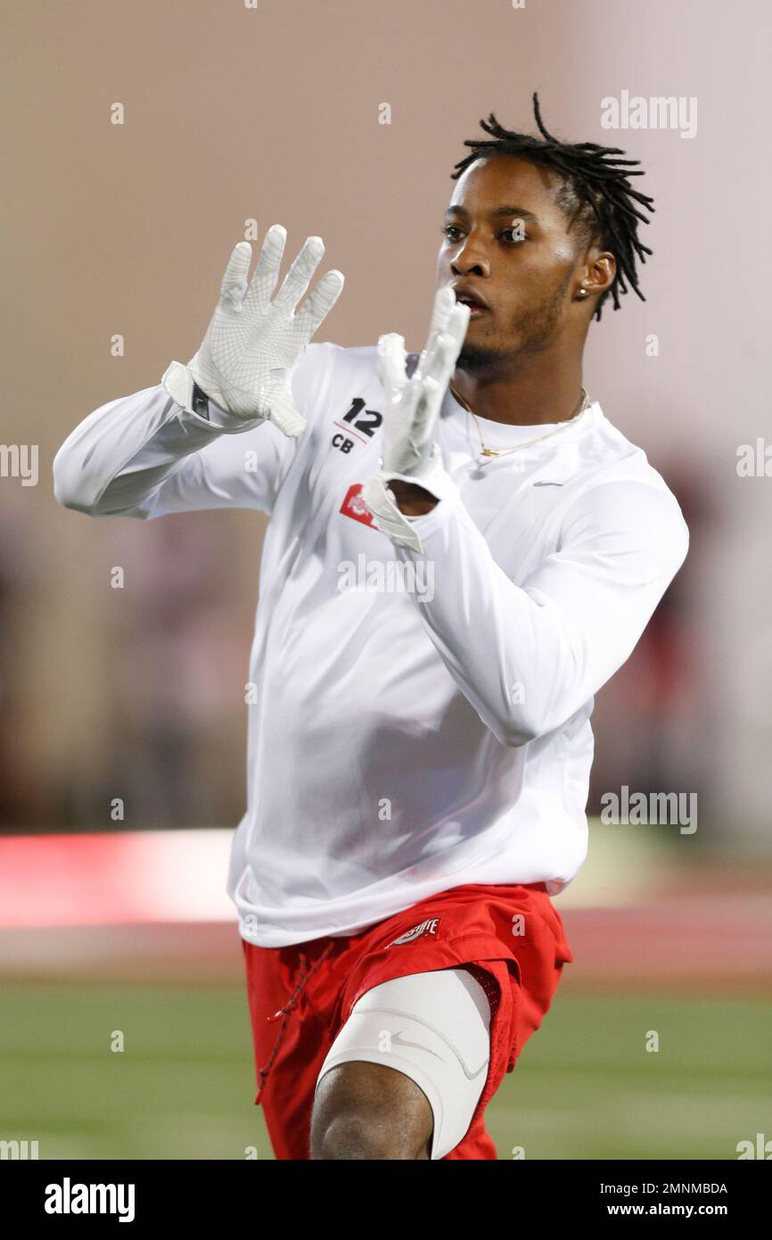 Defensive back Denzel Ward runs a drill during Ohio State's Pro Day ...