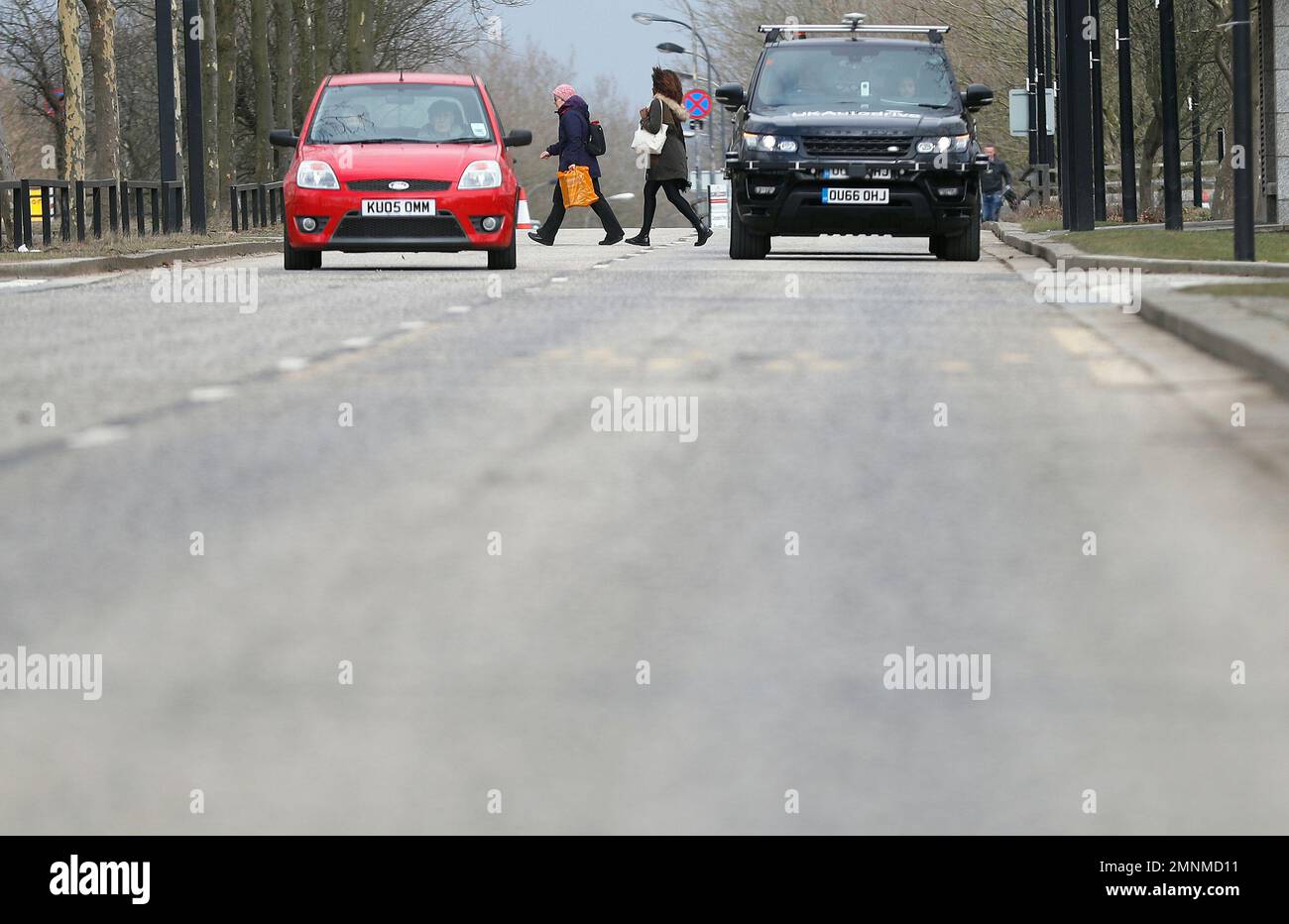 A Range Rover self driving car with its sensors drives with a safety ...