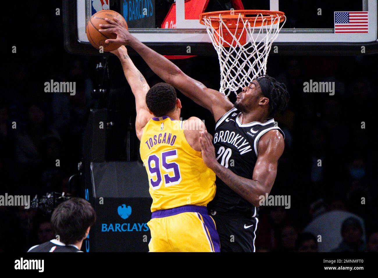 Brooklyn Nets center Day'Ron Sharpe (20) blocks a shot by Los Angeles ...
