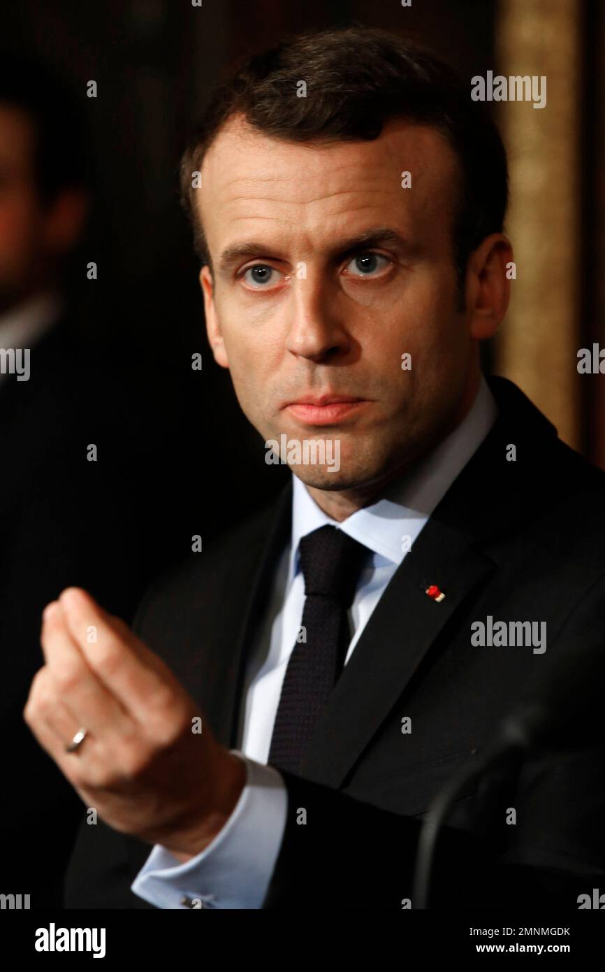 French President Emmanuel Macron, delivers a speech during a press ...