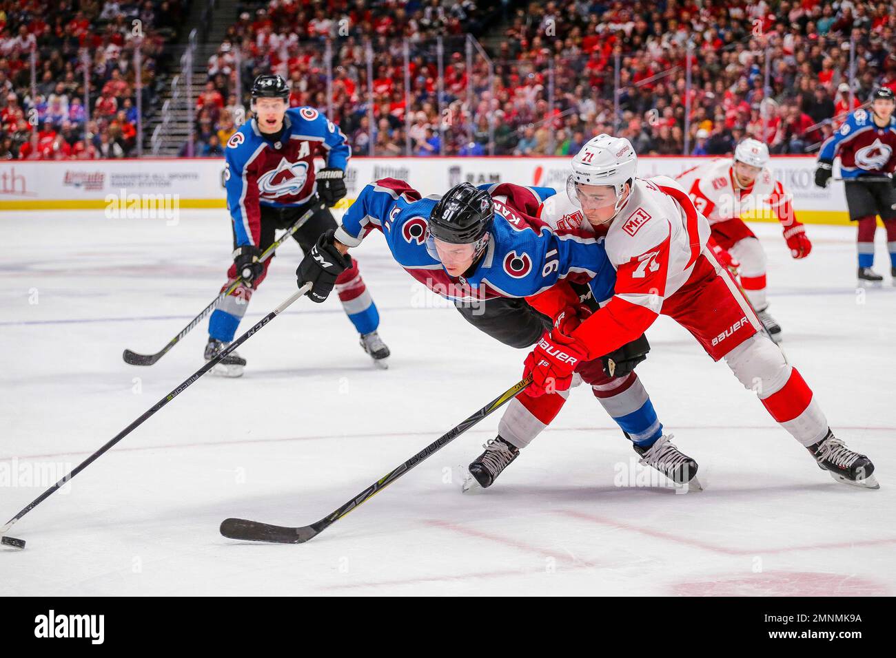 Colorado Avalanche center Vladislav Kamenev (91) tangles with Detroit ...