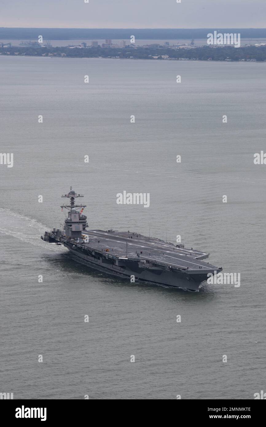 USS Gerald R. Ford (CVN 78) transits the Chesapeake channel after ...