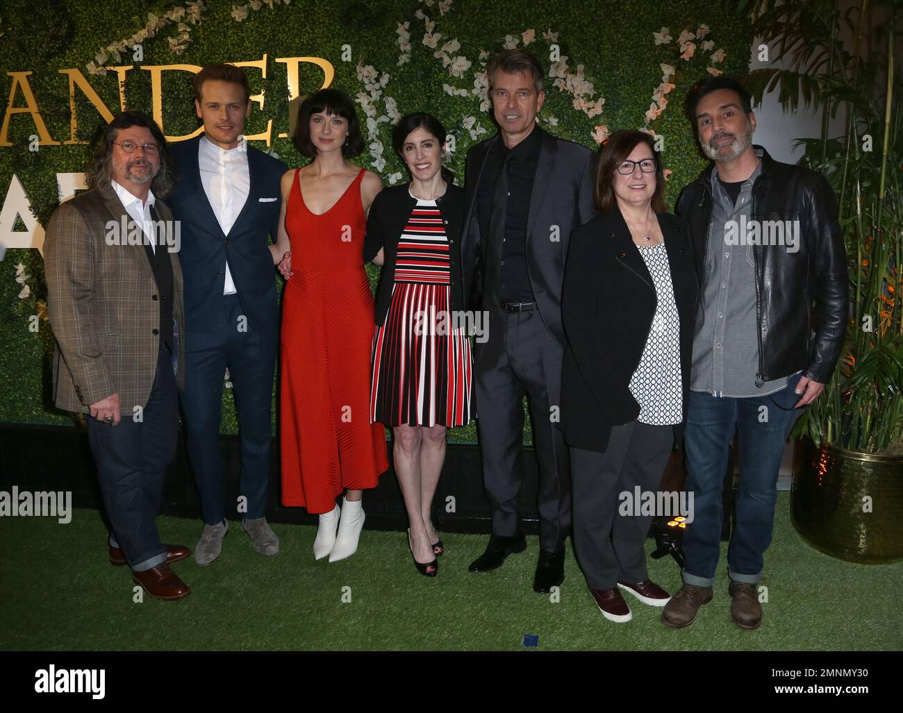 Ronald D. Moore, from left, Sam Heughan, Caitriona Balfe, Maril Davis ...