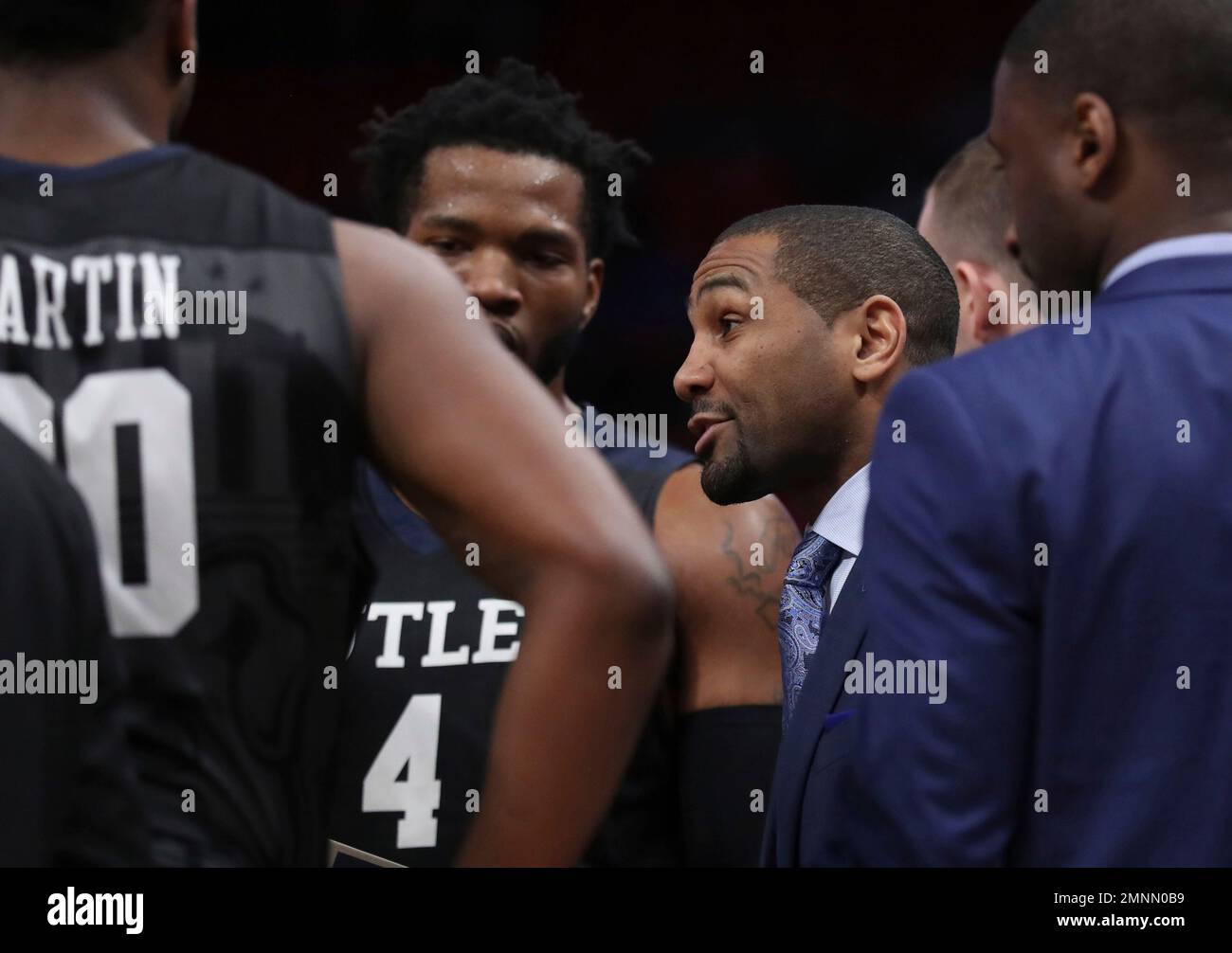 Butler head coach LaVall Jordan talks to th team during the first half ...