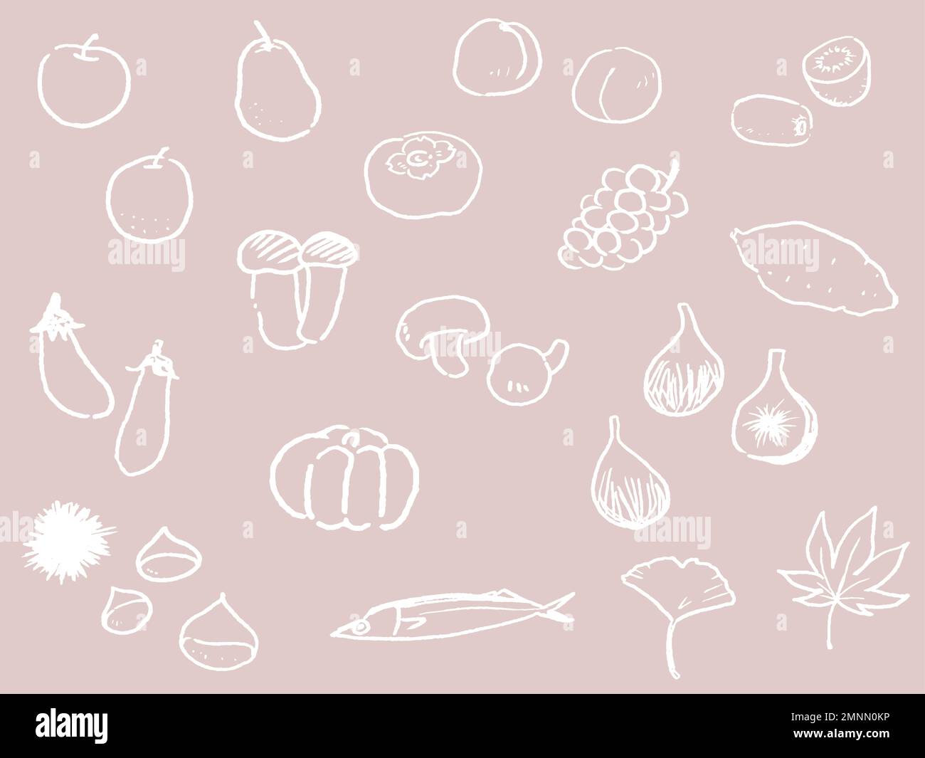 Autumn motif hand-drawn style line drawing icon set. White line drawing ...