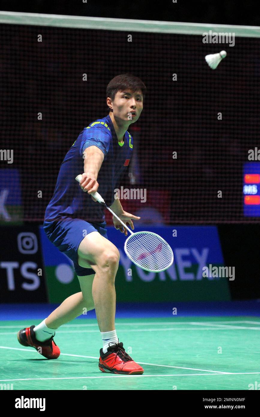 China's Shi Yuqi returns a shot to China's Lin Dan during the men's singles final match at the ...