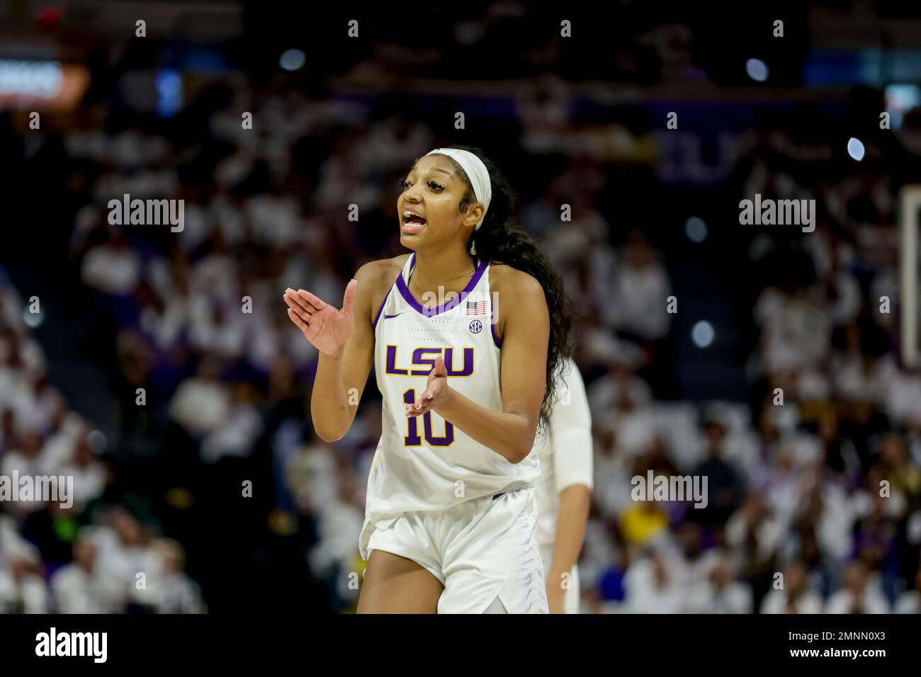 LSU forward Angel Reese (10) reacts after a basket against Tennessee in ...