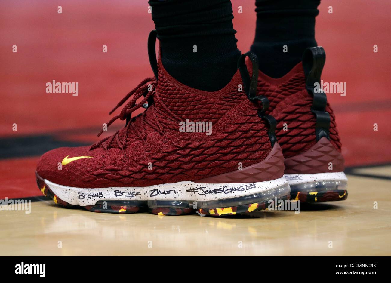 The inscribed shoes of Cleveland Cavaliers forward LeBron James (23 ...