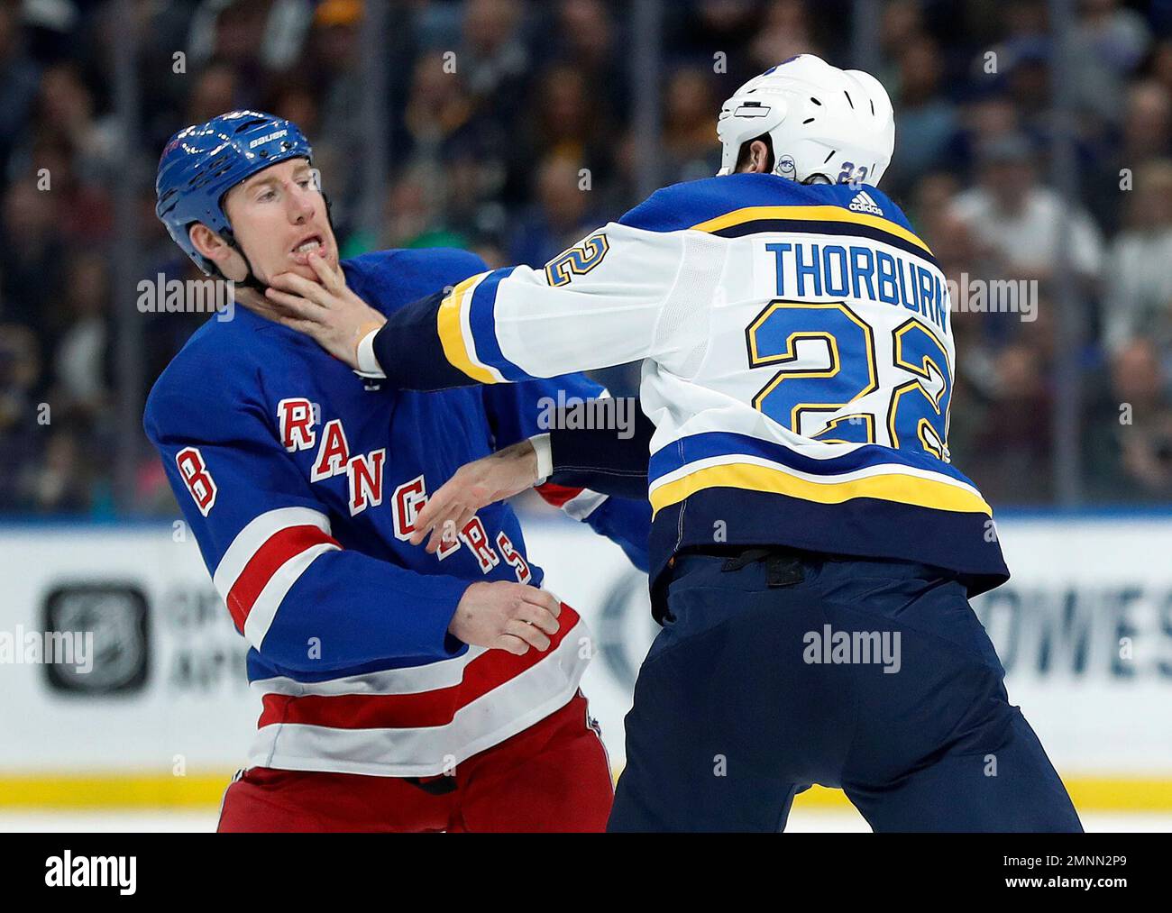 New York Rangers' Cody McLeod, left, and St. Louis Blues' Chris ...