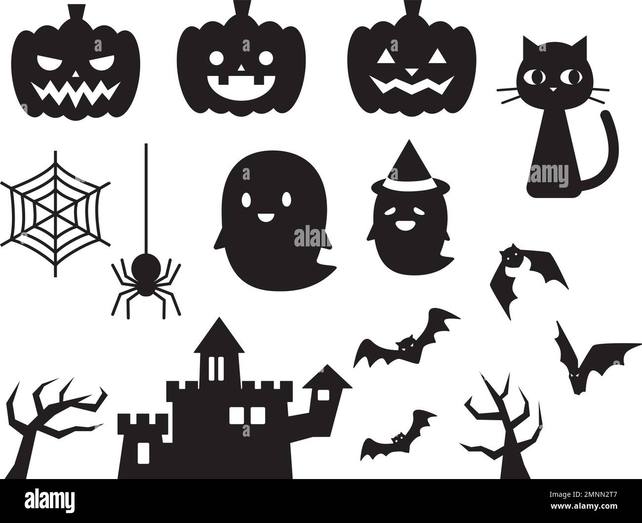 Halloween item silhouette set. Jack O Lantern, cat, ghost, bat, spider ...