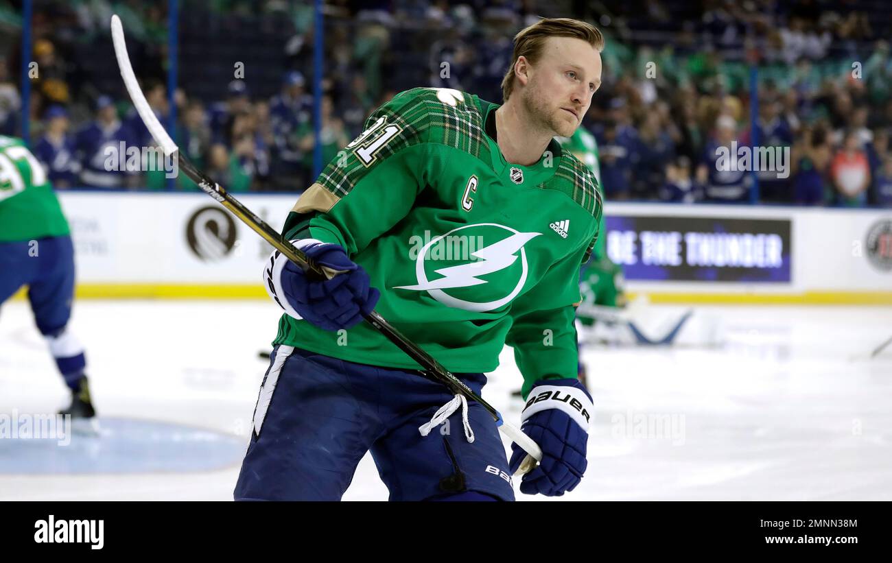 Tampa Bay Lightning center Steven Stamkos (91) skates in warm-ups prior ...