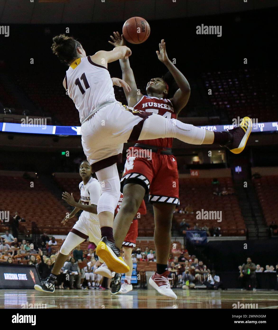 Nebraska guard Jasmine Cincore (34) is blocked by Arizona State guard ...