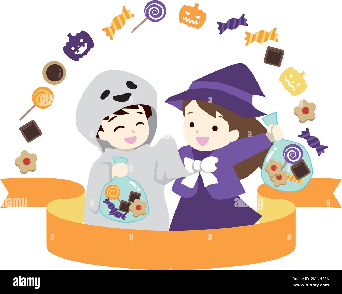 Boy and girl dressed up as Halloween and receive sweets. Title ribbon ...