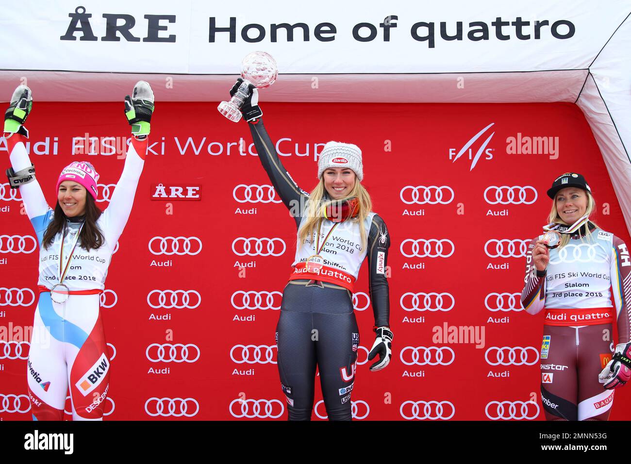 United States's Mikaela Shiffrin, center, the winner, is flanked by ...