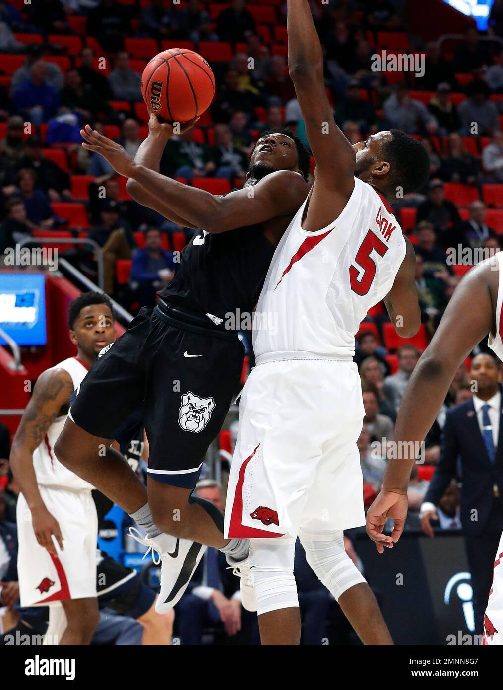 Butler guard Kamar Baldwin (3) shoots on Arkansas forward Arlando Cook ...
