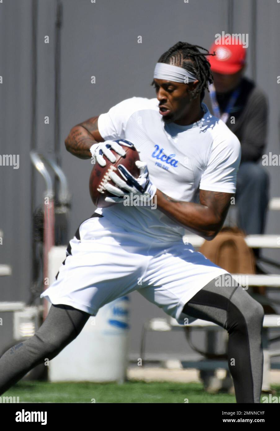 UCLA wide receiver Jordan Lasley catches a pass during UCLA's pro day ...