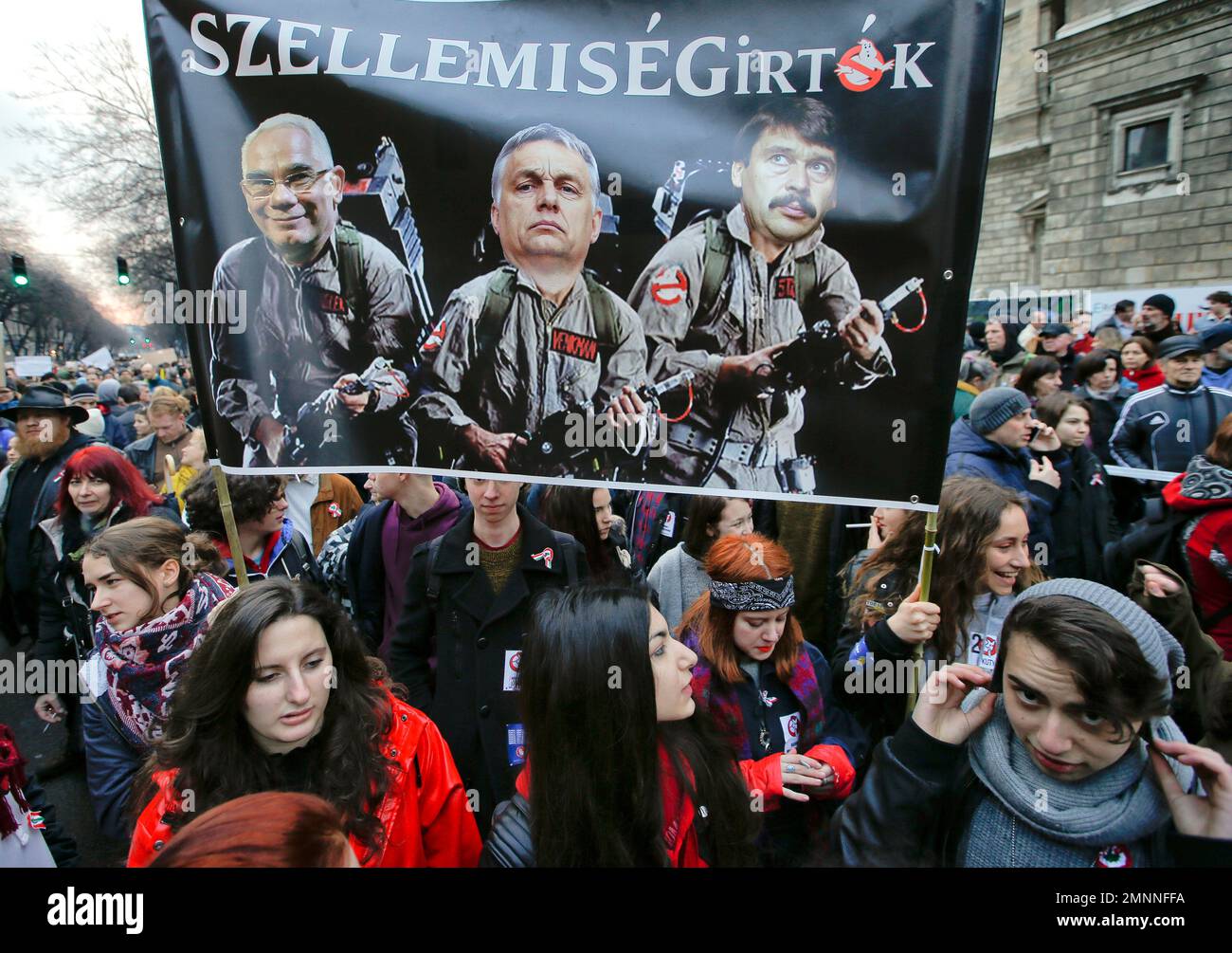 Youngsters taking part in a march against Prime Minister Viktor Orban ...