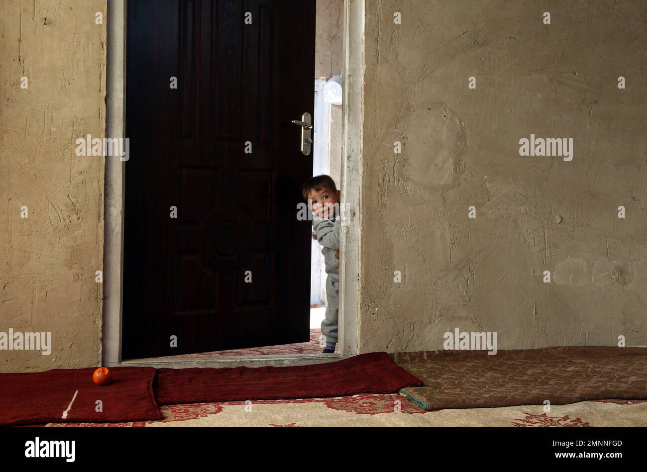 Eighteen--month-old Donald Trump peers from the door of his house in ...