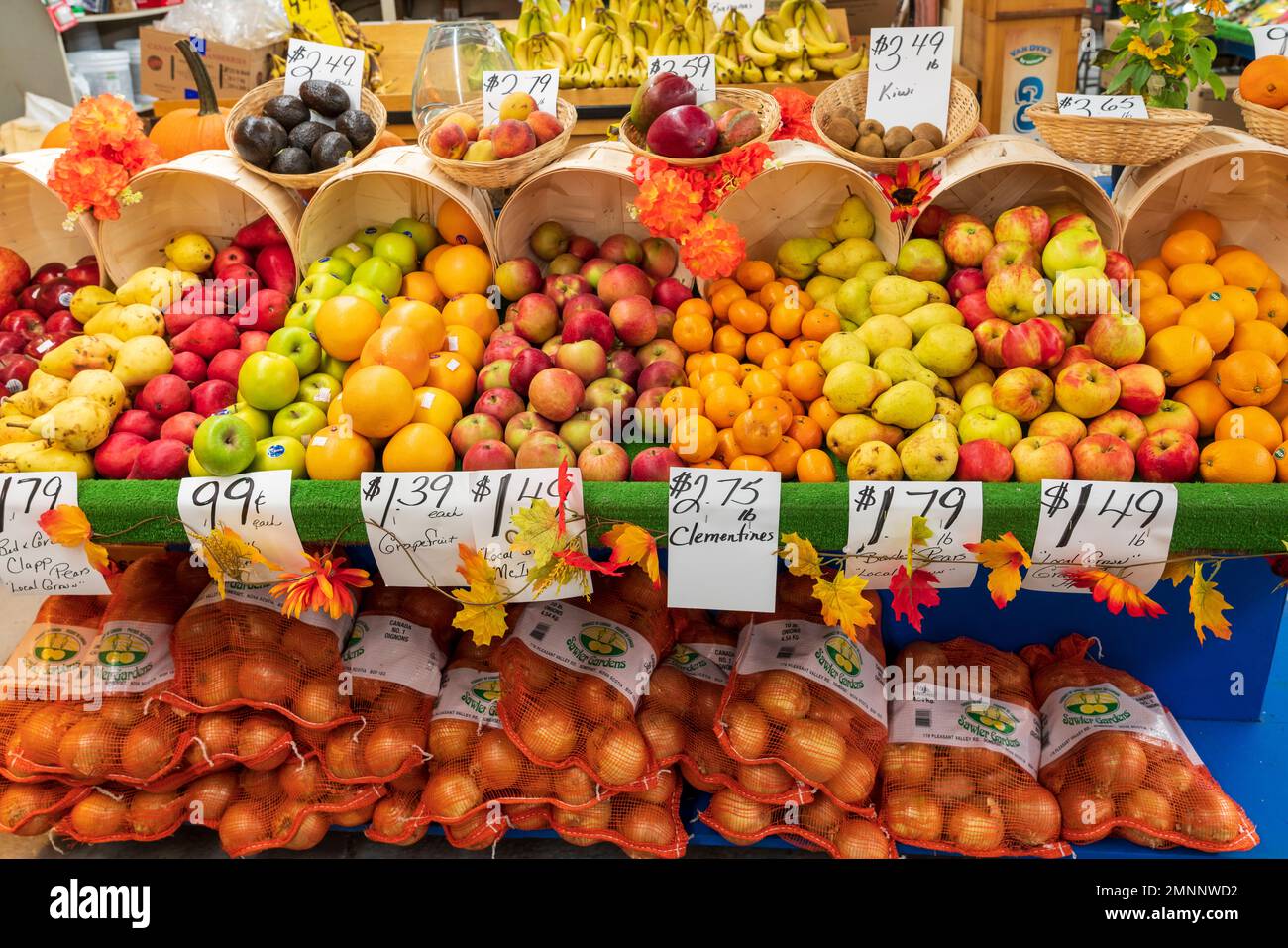 Fruit for sale at a fruit market in Yarmouth, Nova Scotia, Canada Stock ...