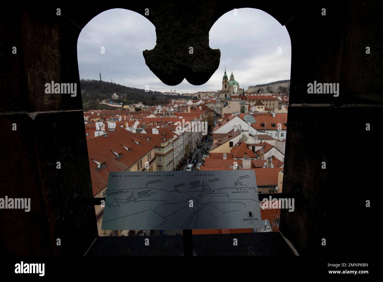 View through window opening of St Nicholas Church and Prague Castle ...