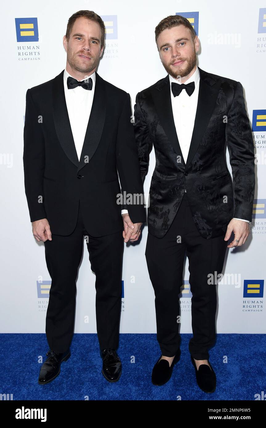 Matt Wilkas, left, and Gus Kenworthy attend the 2018 Human Rights ...