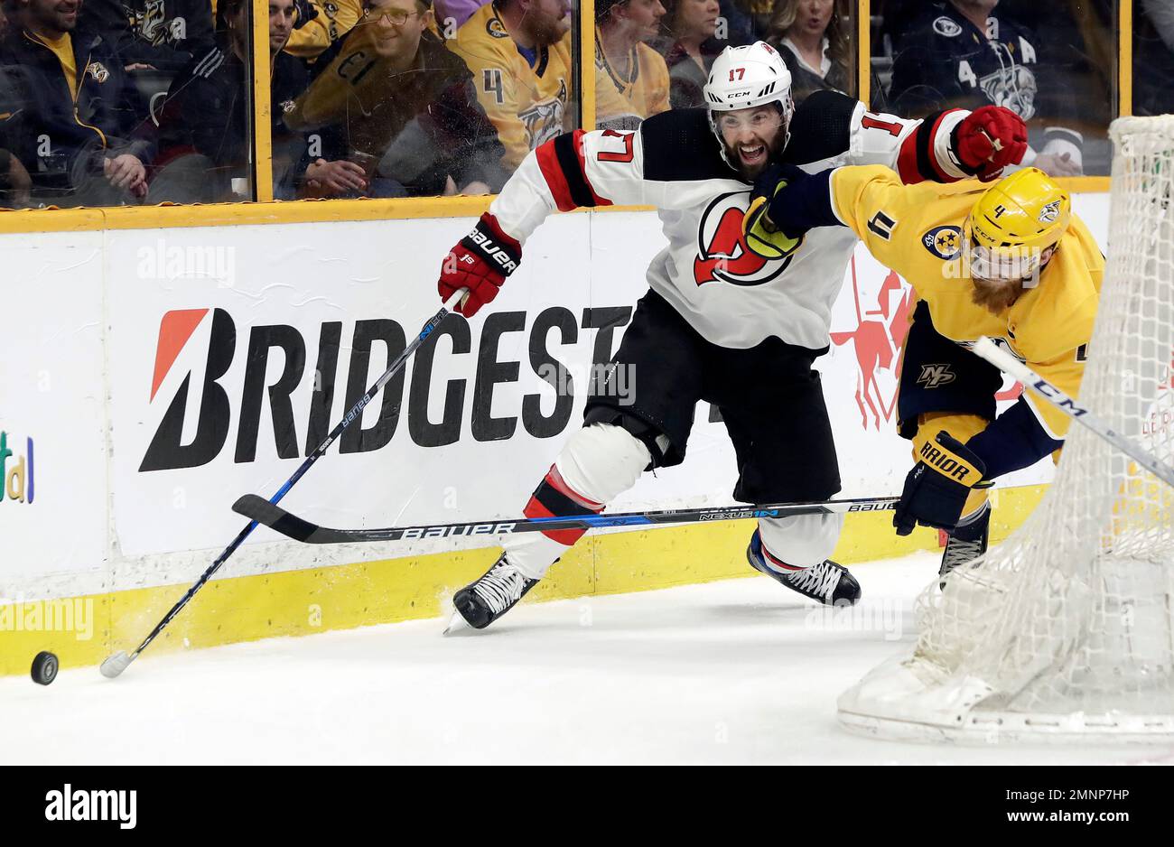 New Jersey Devils left wing Patrick Maroon (17) and Nashville Predators ...