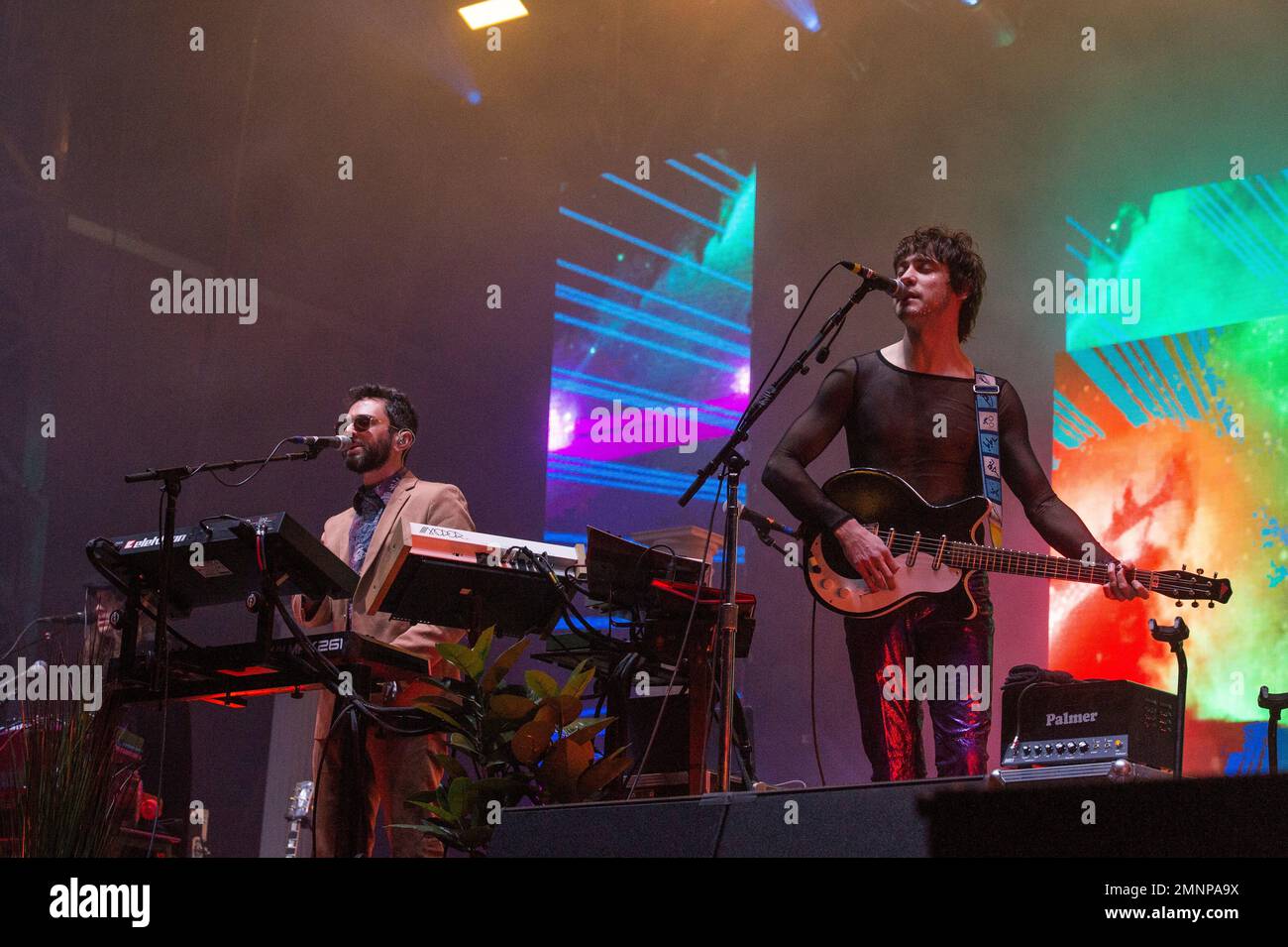 Benjamin Goldwasser, left, and Andrew VanWyngarden of MGMT perform at ...