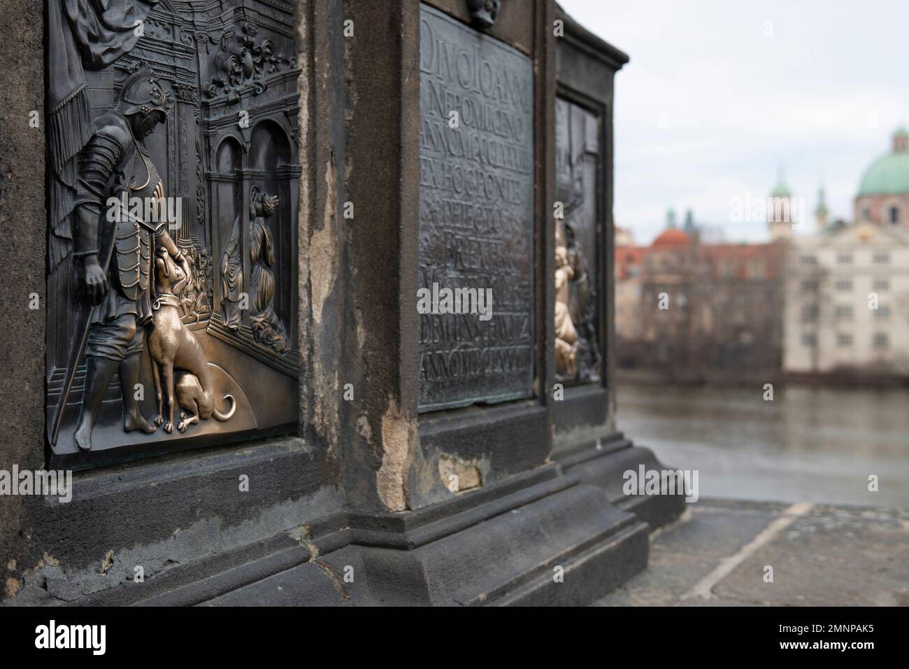 Religious icon of bronze bas-relief of King Wenceslas with dog under ...