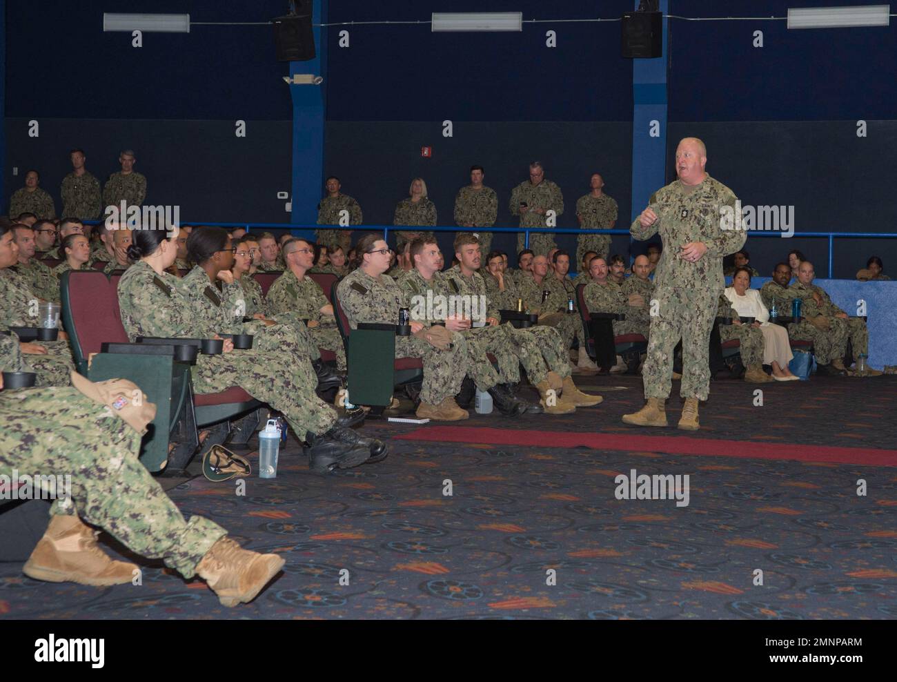 SAN DIEGO – (Oct. 3, 2022) Master Chief Petty Officer of the Navy (MCPON) James Honea speaks to ...