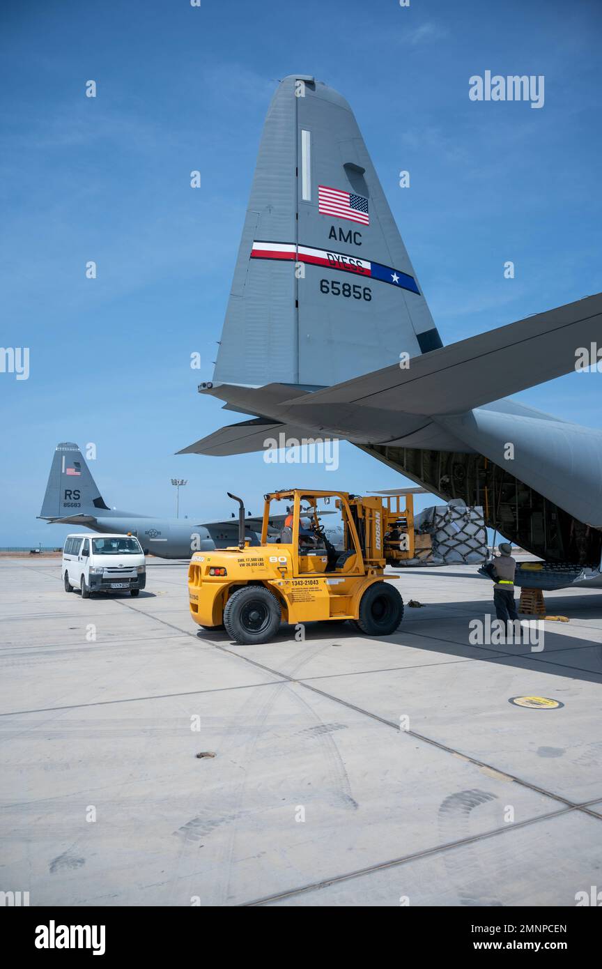 U.S. Air Force C-130J Super Hercules gets a pallet loaded onto it at ...