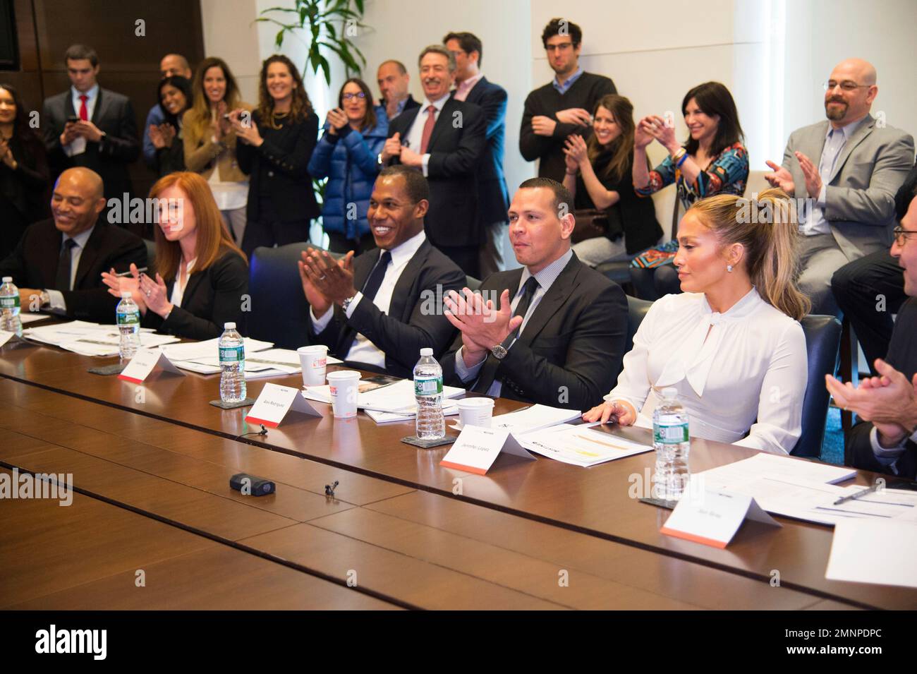 Cedric Bobo, from left, Alex Rodriguez, and Jennifer Lopez participate ...