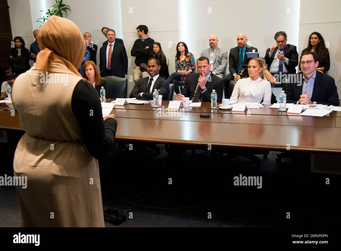 Cedric Bobo, from left, Alex Rodriguez, and Jennifer Lopez participate ...