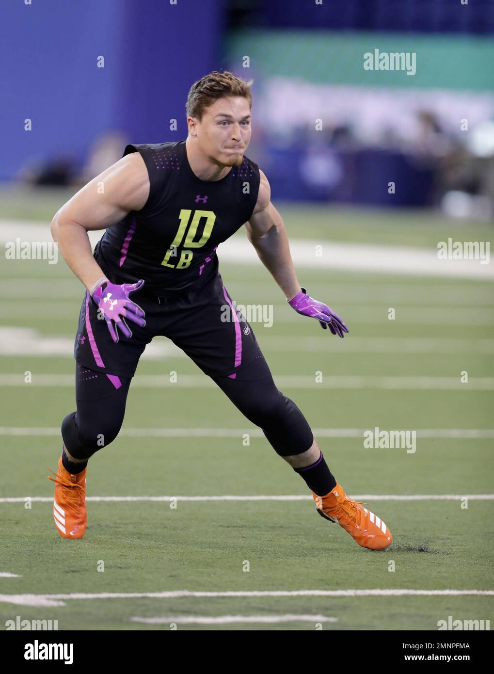 North Dakota State linebacker Nick Deluca runs a drill during the NFL ...