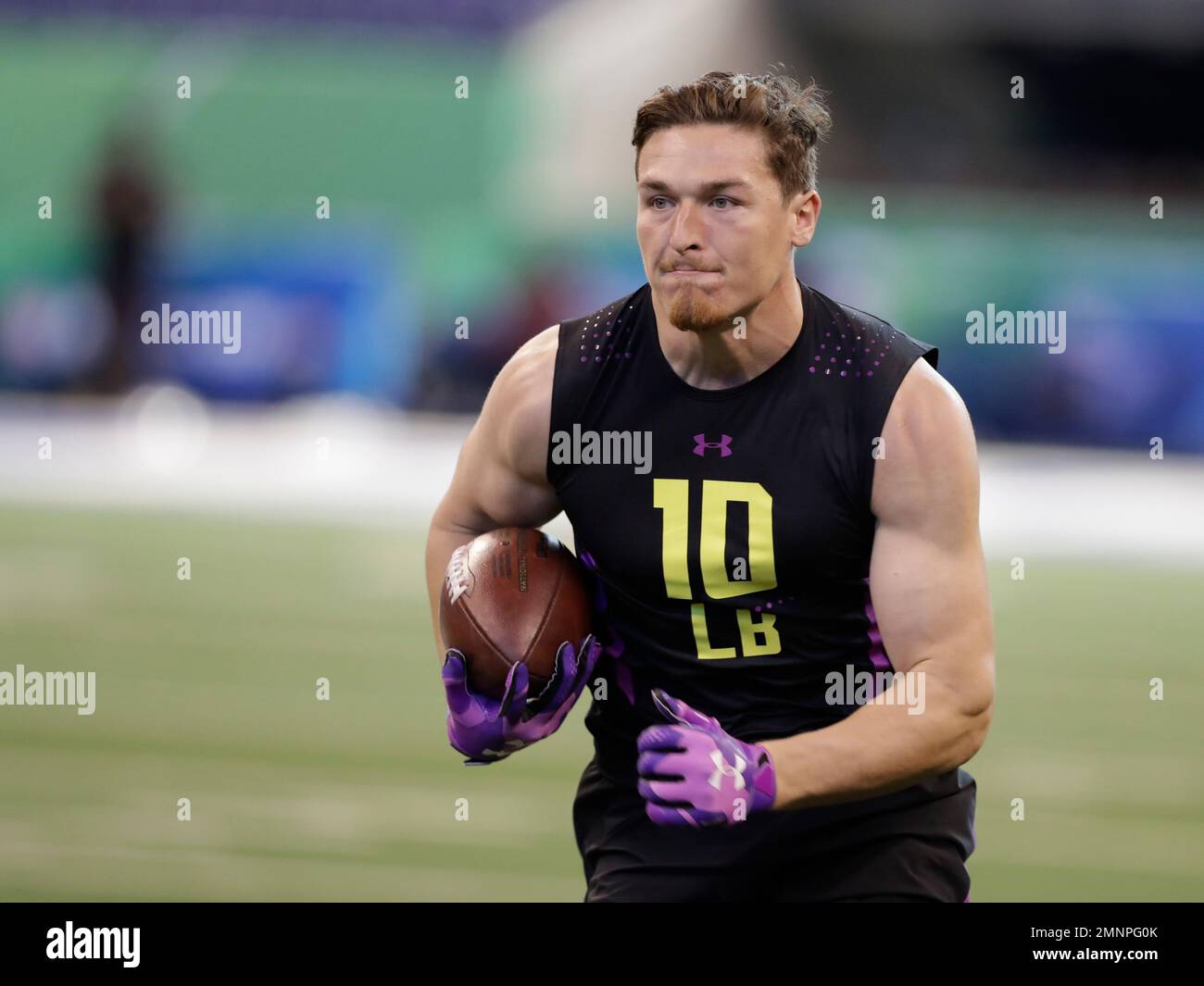 North Dakota State linebacker Nick Deluca runs a drill during the NFL ...