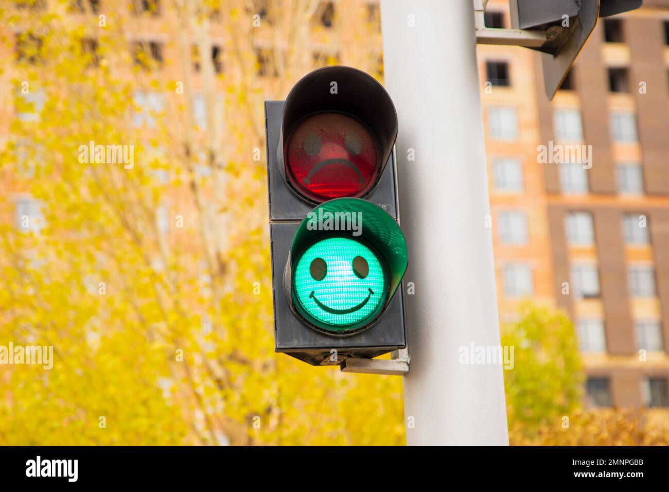 green smiley face light in traffic lights close-up, crosswalk. Positive ...