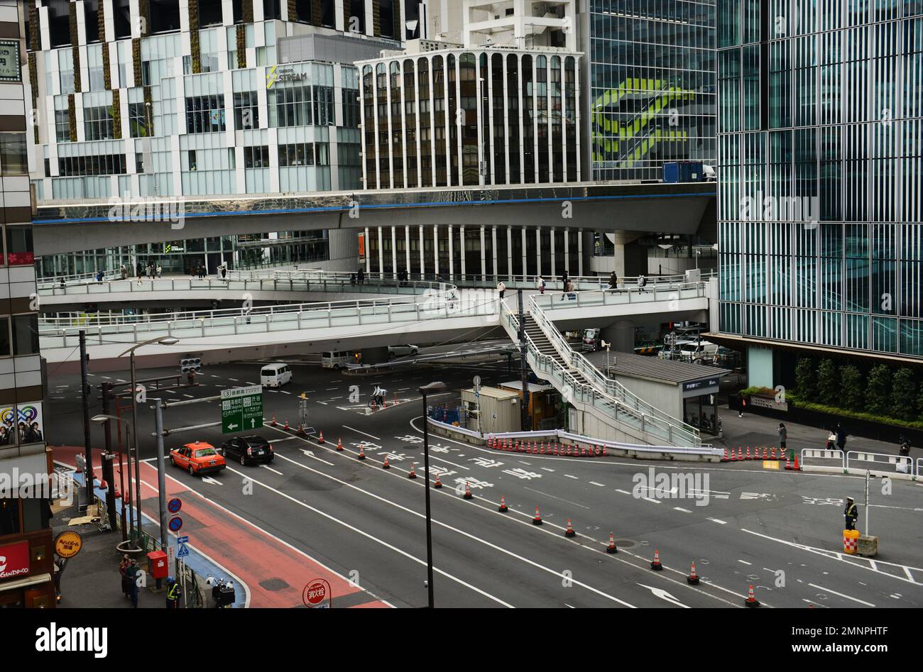 Pedestrian bridges connecting the new modern buildings in Shibuya, Tokyo, Japan Stock Photo - Alamy