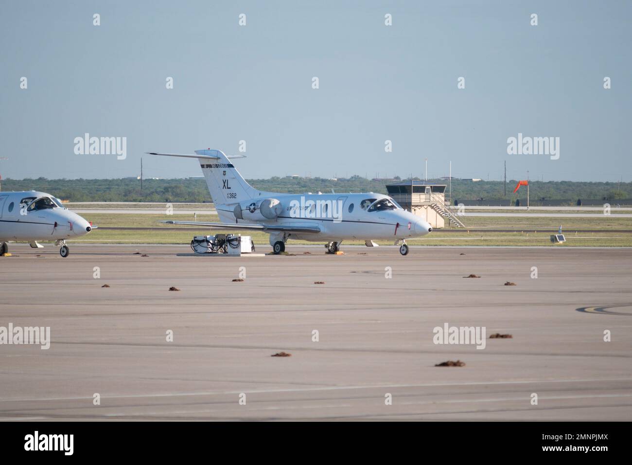 Two T-1 Jayhawks sit on the flight line at Laughlin Air Force Base ...