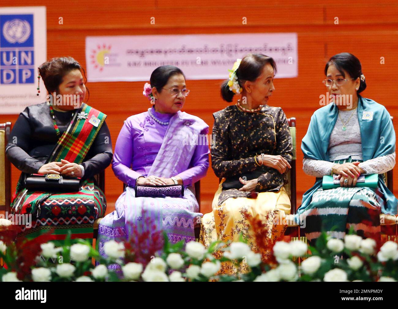 Myanmar's leader Aung San Suu Kyi, second right, Myanmar first lady Su ...