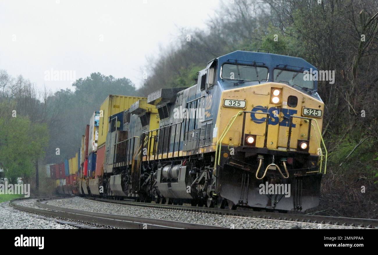 In this March 6, 2018 photo, CSX locomotive number 325 leads an ...