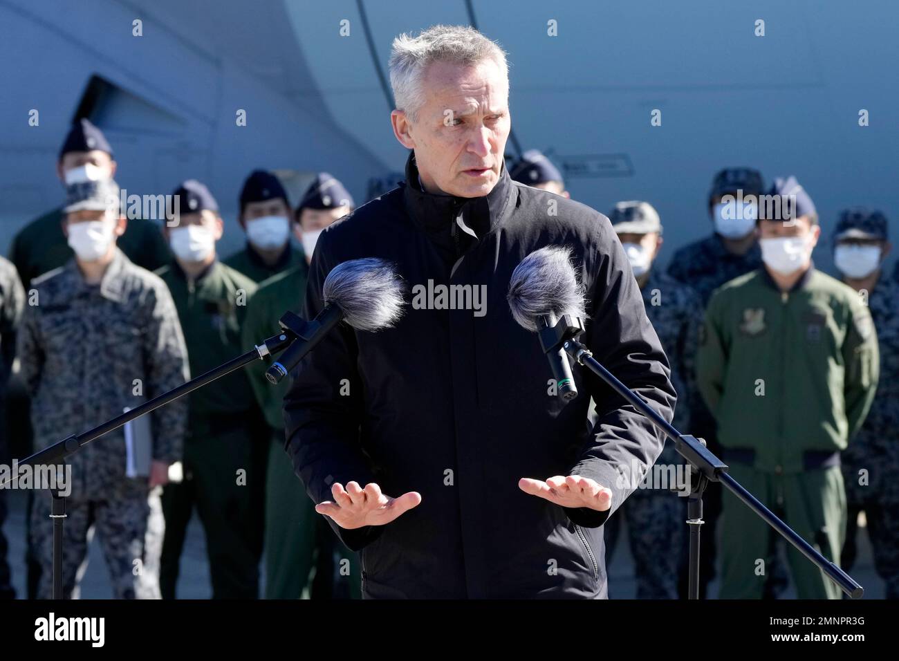 NATO Secretary-General Jens Stoltenberg delivers a speech to personnel ...